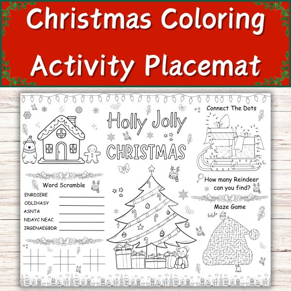 Christmas Coloring Activity Placemat Tic Tac Toe Word Scramble Maze ...