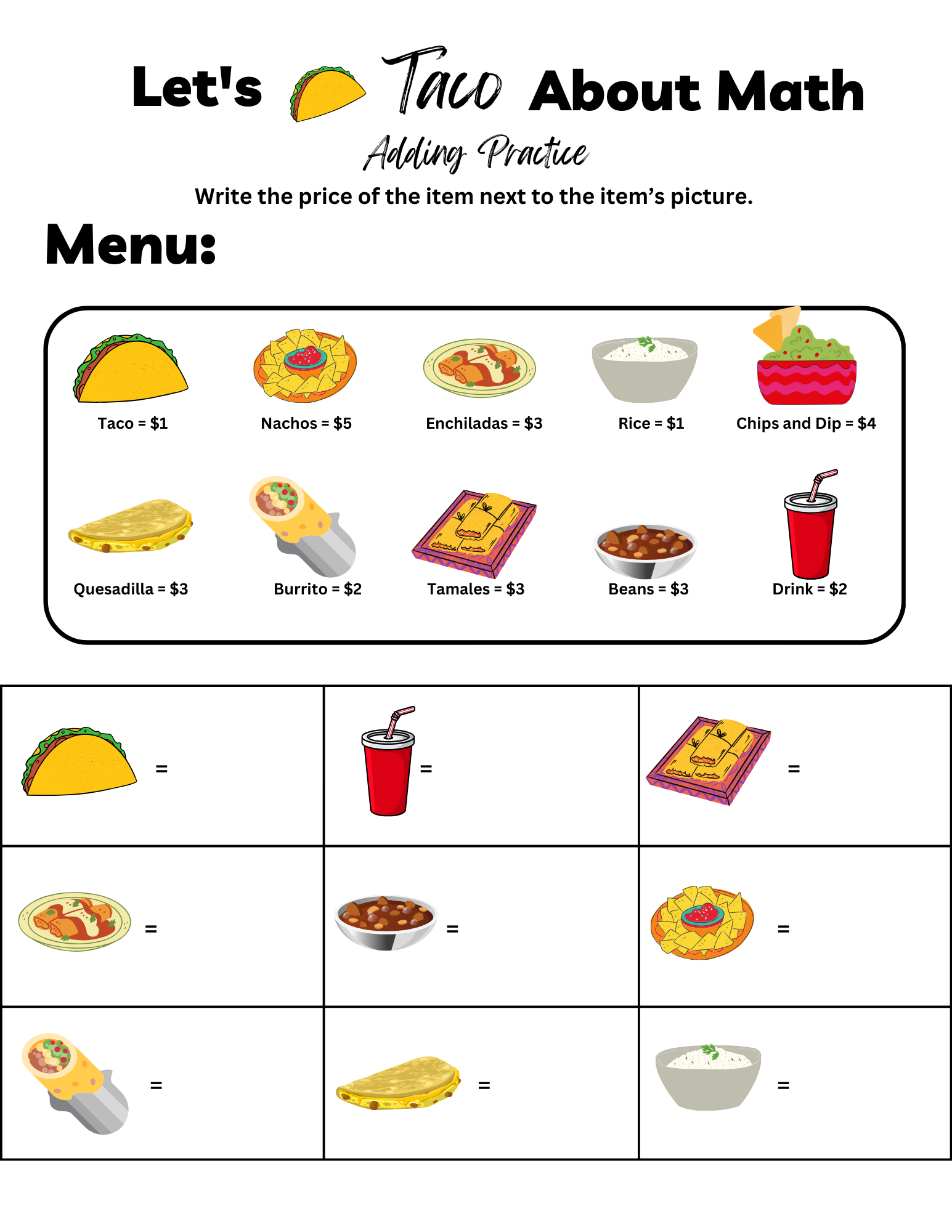 Let's Taco 'Bout Math: Addition Practice for Early Elementary & Life ...