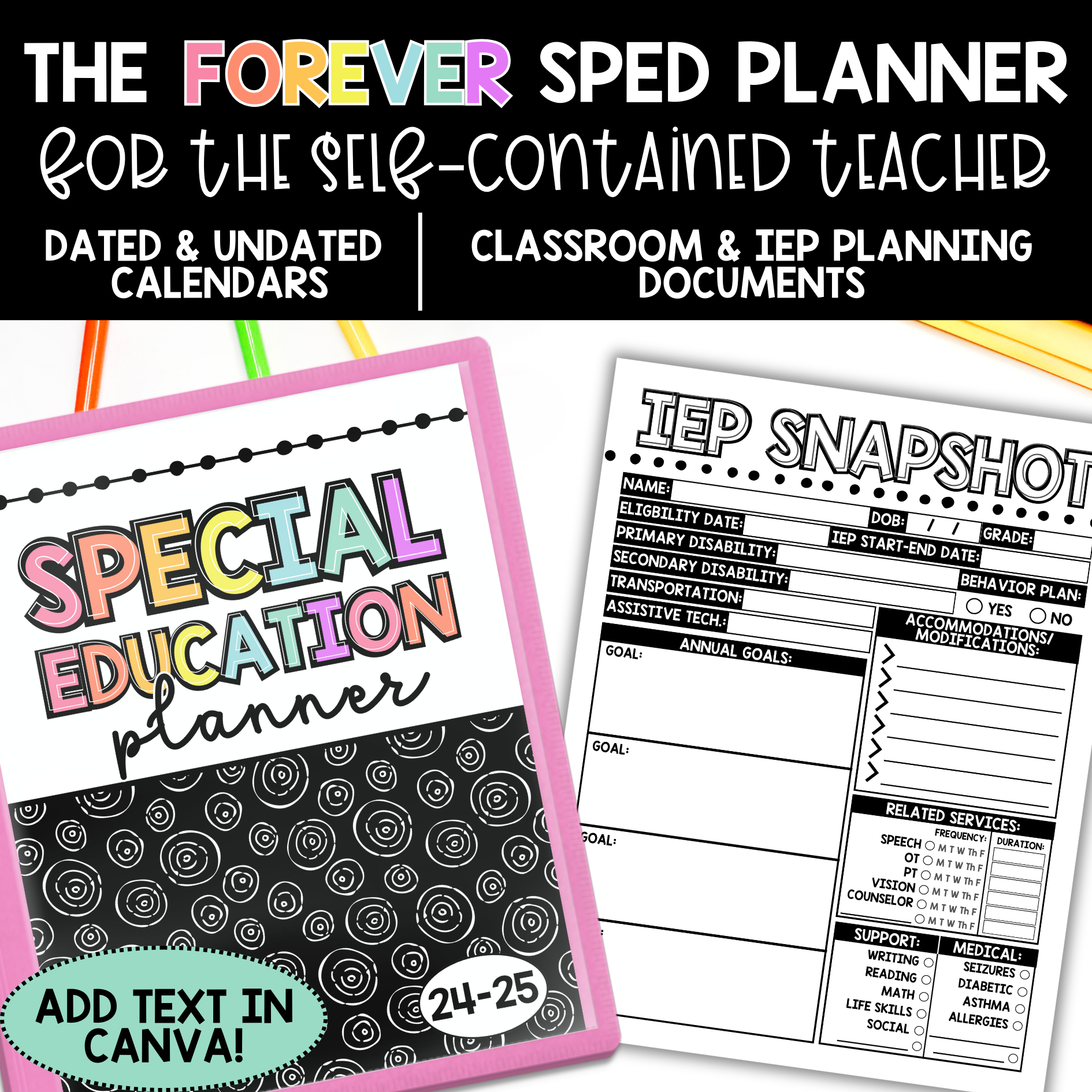 Special Education Planner, Self Contained Teacher Binder, Caseload ...