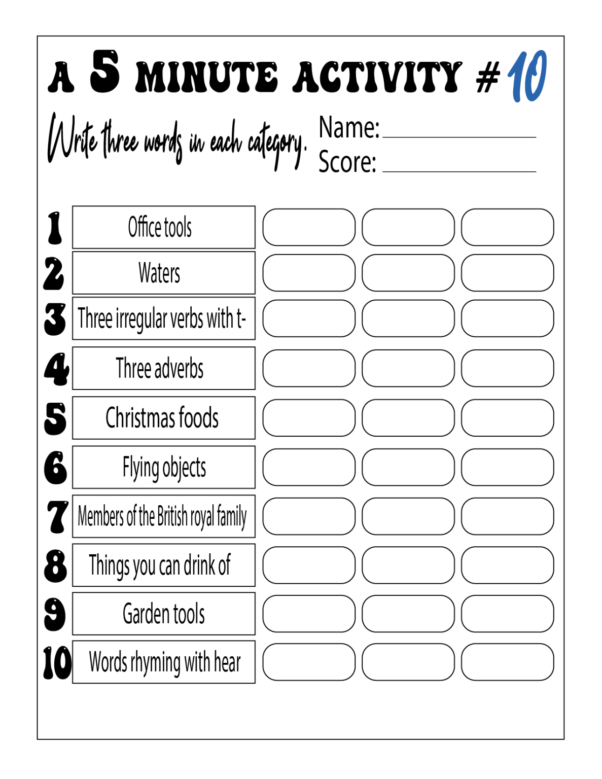 A 5 Minute Activity Working Memory Brain-Write 3 words in 1 category ...