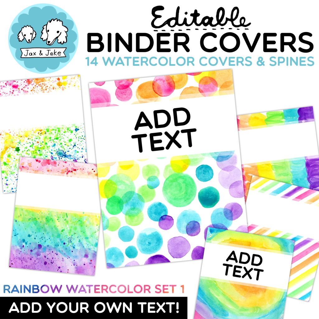 Watercolor Rainbow Editable Binder Covers and Spines, Printable ...