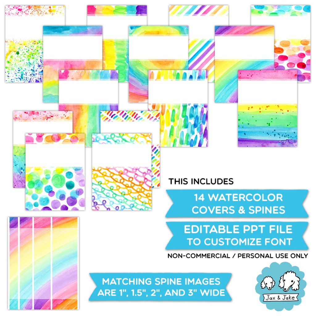 Watercolor Rainbow Editable Binder Covers and Spines, Printable ...