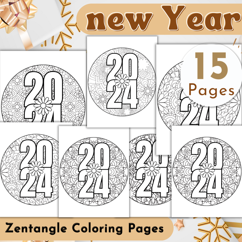 New Year 2024 Zentangle Coloring Pages | 2024 zen Doodle Coloring ...