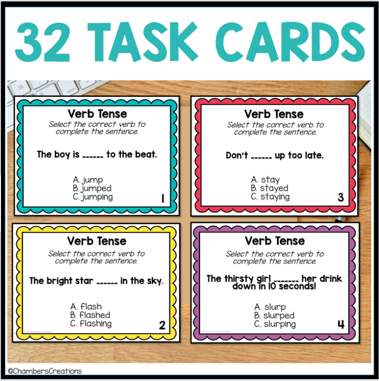 Verb Tenses 32 Practice Task Cards Grammar ELA review activity game ...