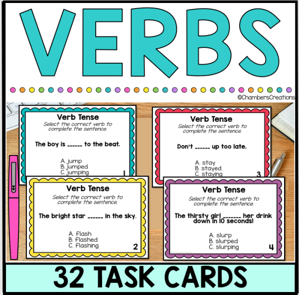 Verb Tenses 32 Practice Task Cards Grammar ELA review activity game ...