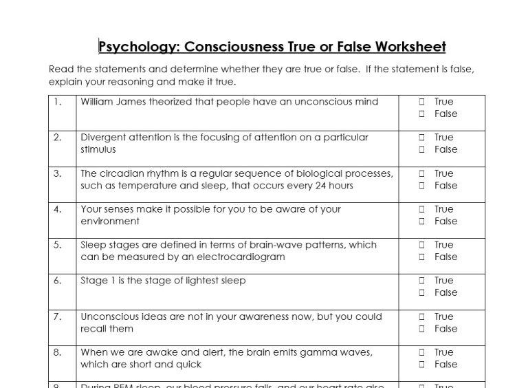 Psychology: Consciousness True False Worksheet (Sleep) | Made By Teachers