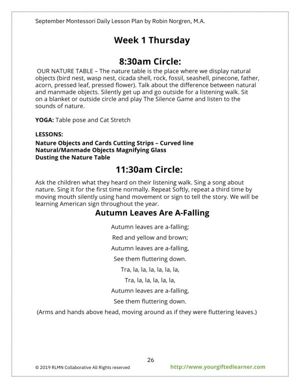Montessori Lesson plans QUARTERLY Curriculum 12 weeks SEP OCT NOV ...