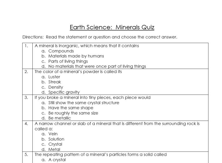 Earth Science: Minerals Quiz (Assessment) - Made By Teachers