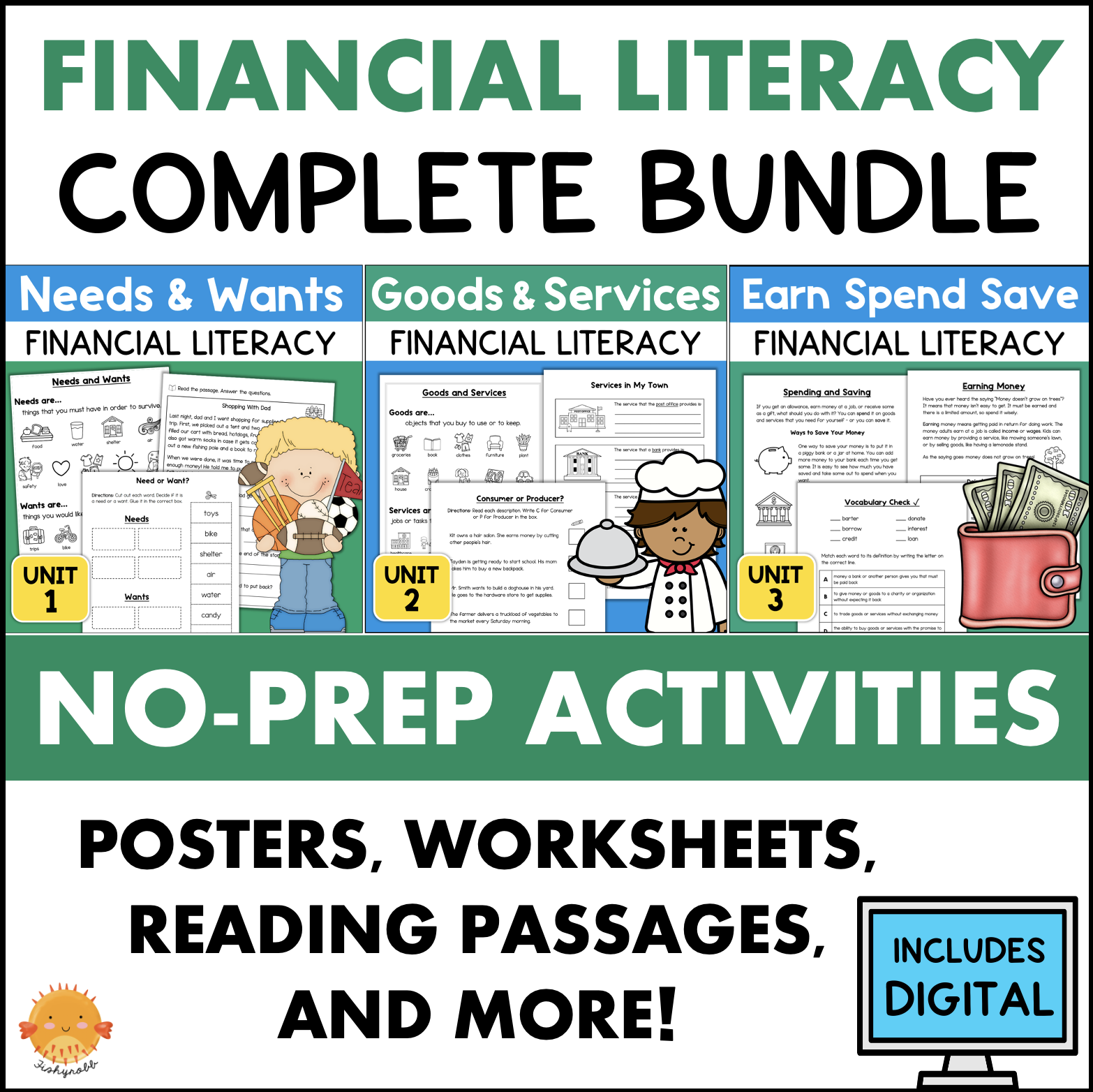 Financial Literacy BUNDLE Goods Services Needs Wants Earning Spending ...