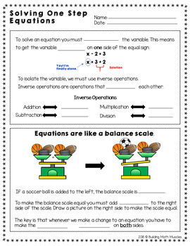 Solving One Step Equations Notes - Using Addition and Subtraction ...