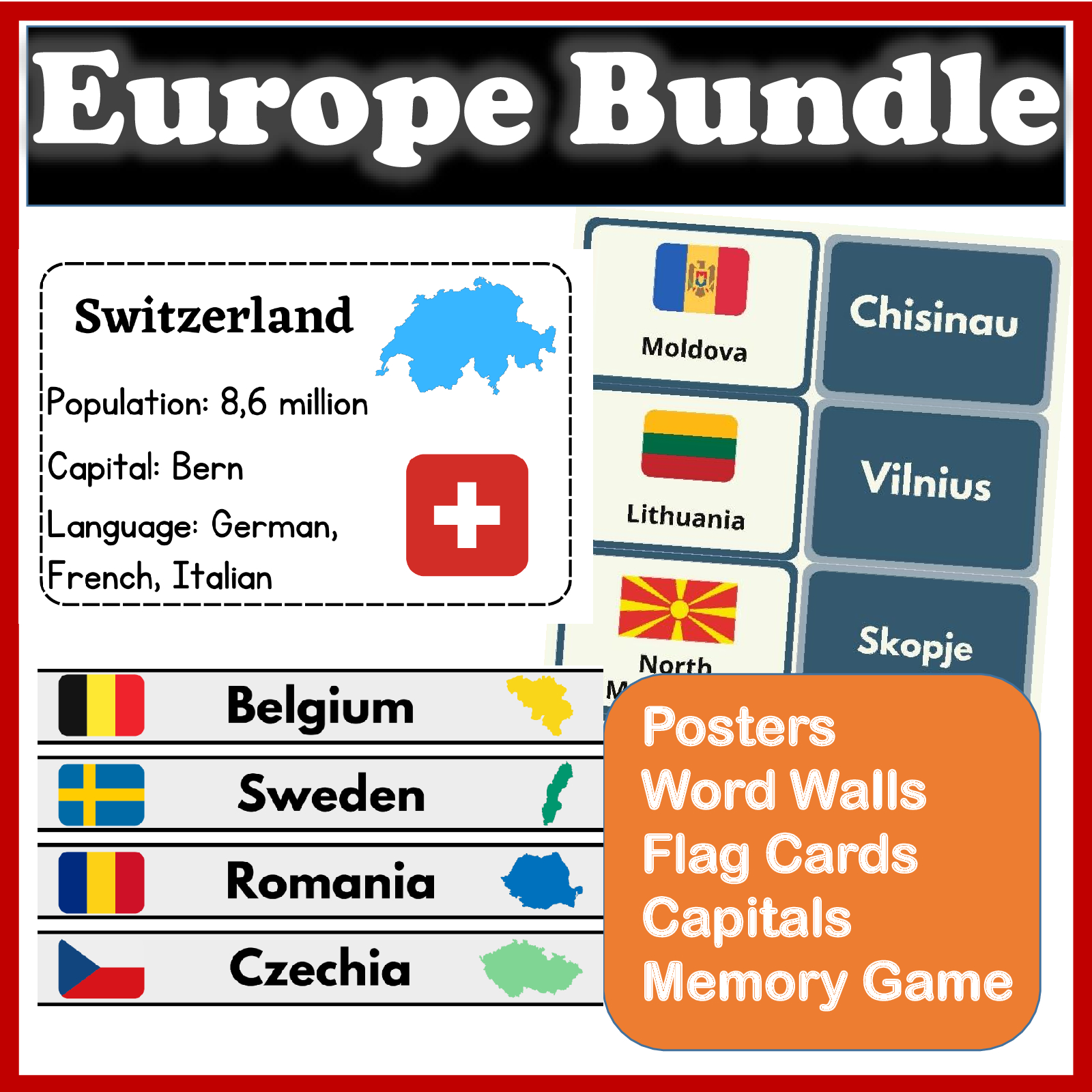 Countries of Europe - Classroom Posters, Word Walls,Flag Cards,with Map ...