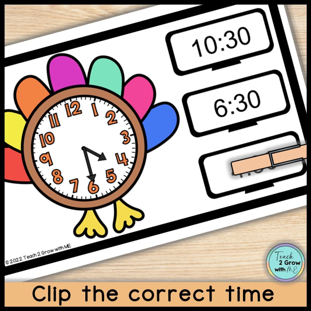 Thanksgiving Telling Time to the Half Hour Clip Cards Task Cards - Made ...