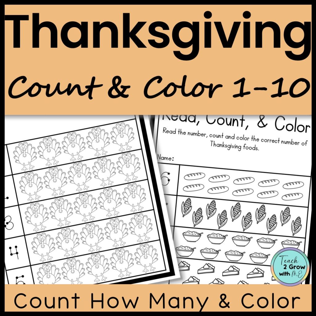 Thanksgiving Math Count & Color 1-10 Count How Many Worksheets | Made ...