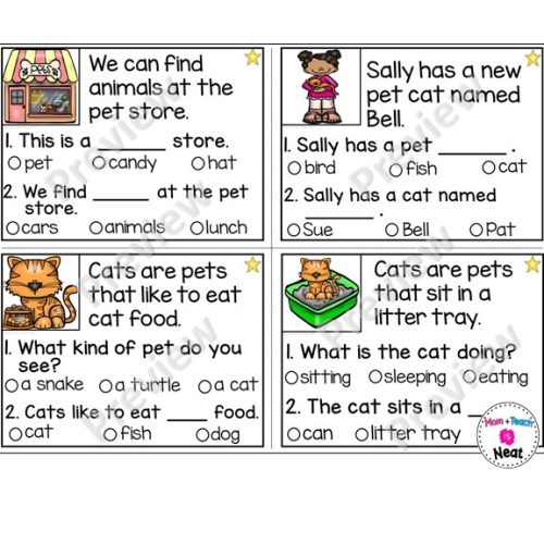 Kindergarten Reading Comprehension Task Cards- Pets | Made By Teachers