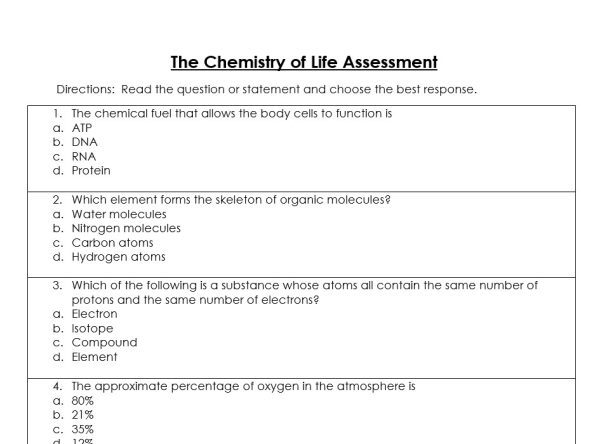 The Chemistry of Life Assessment/Quiz (Anatomy/Biology, Biochemistry ...