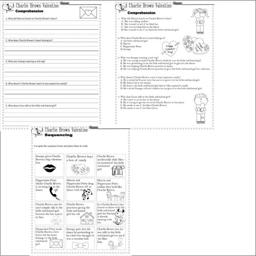 A Charlie Brown Valentine Reading Quiz Tests & Story Scene Sequencing ...