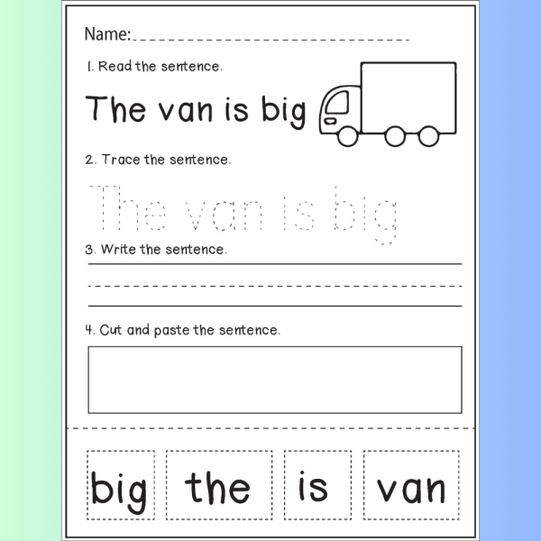 Sentence Building Worksheets, reading, tracing, writing, drawing, and ...