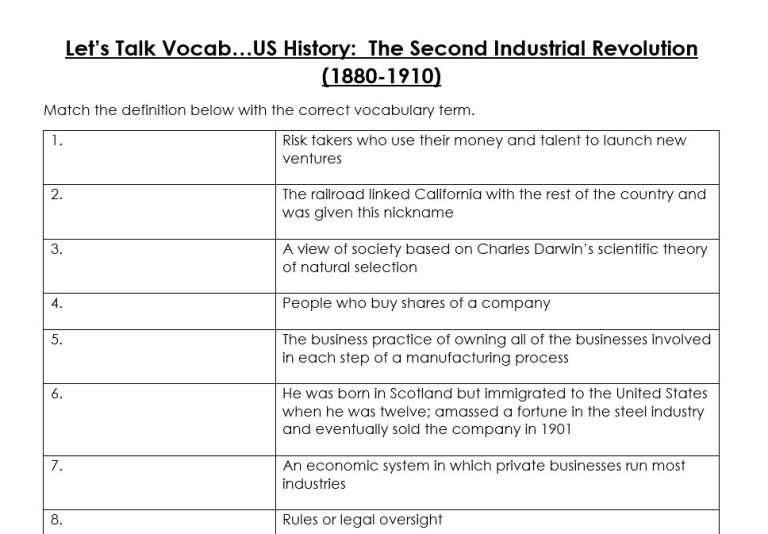 U.S. History: The Second Industrial Revolution (1880-1910) Worksheet ...