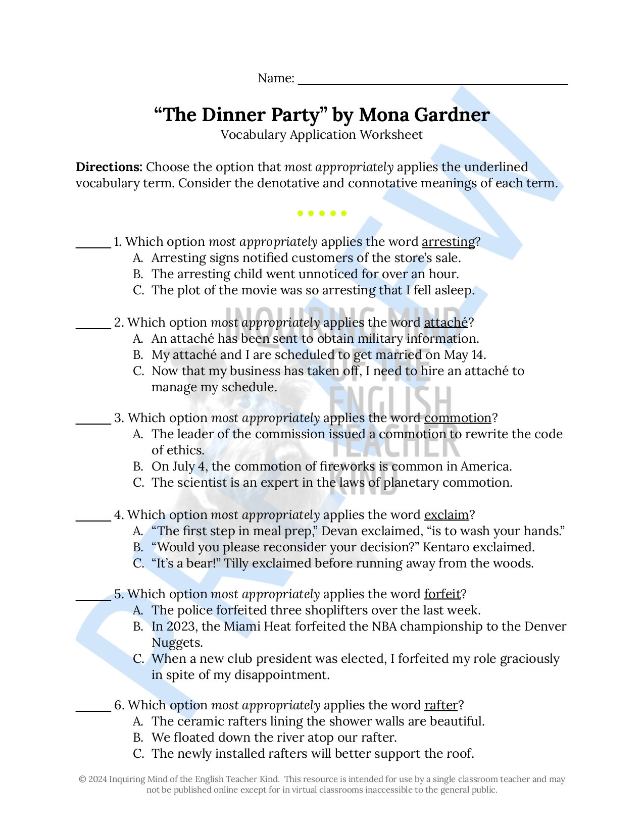"The Dinner Party" by Mona Gardner Vocabulary Games and Activities ...