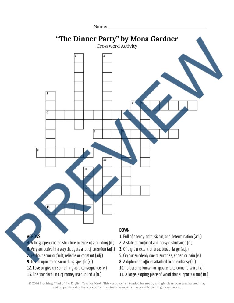 "The Dinner Party" by Mona Gardner Vocabulary Games and Activities ...