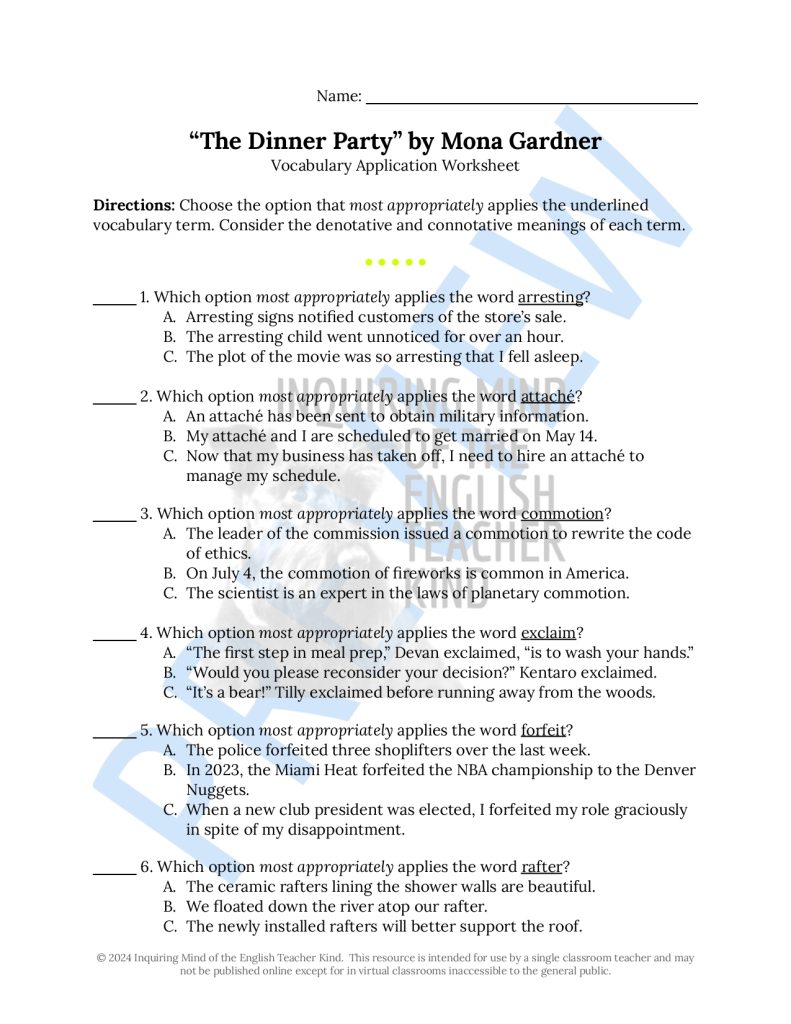 "The Dinner Party" by Mona Gardner Quiz, Close Reading, and Vocabulary ...