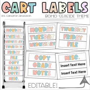 10 Drawer Cart Labels Teacher Trolley Calming Seaside Boho Theme ...
