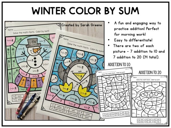 Winter Color by Number for Addition to 10 and 20 | Made By Teachers
