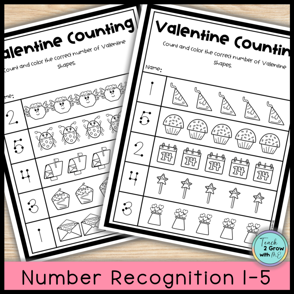 Valentine's Day NO PREP Counting Sets Count and Color Worksheets 1-5 ...