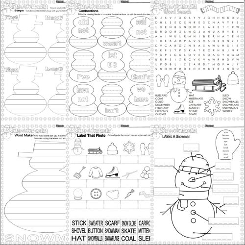 Snowman Activities Worksheets Math Writing Speech English Language Arts ...