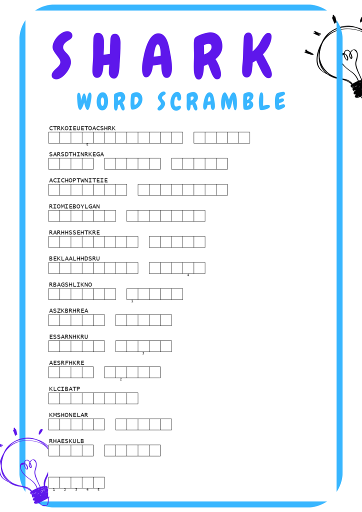 SHARK WORD SCRAMBLE PUZZLE WORKSHEETS ACTIVITIES FOR KIDS - Made By ...