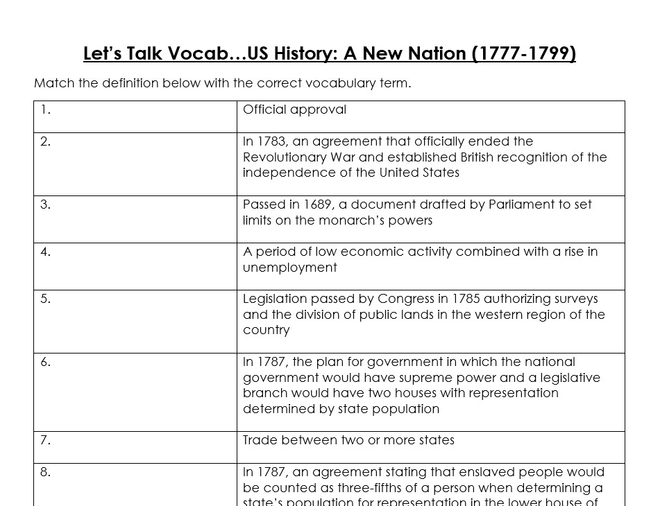 U.S. History: A New Nation (1777-1799) Worksheet | Made By Teachers