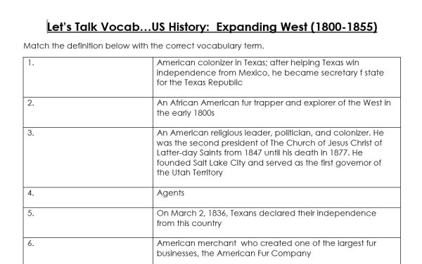 U.S. History: Expanding West (1800-1855) Worksheet | Made By Teachers