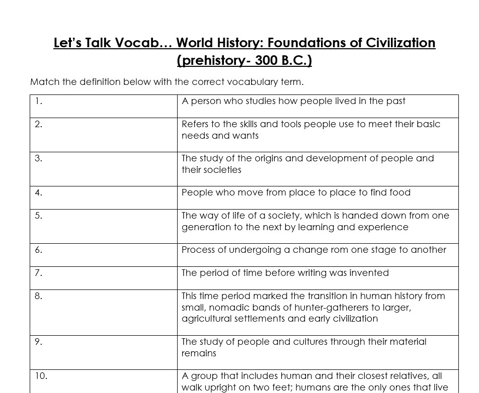 World History: Foundations of Civilization Worksheet | Made By Teachers