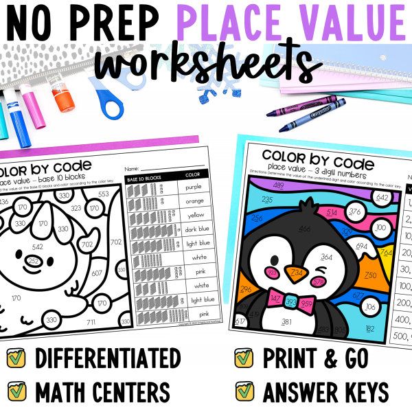 Winter Place Value Worksheets Color by Place Value 2 & 3 Digit Place ...