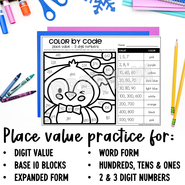 Winter Place Value Worksheets Color by Place Value 2 & 3 Digit Place ...