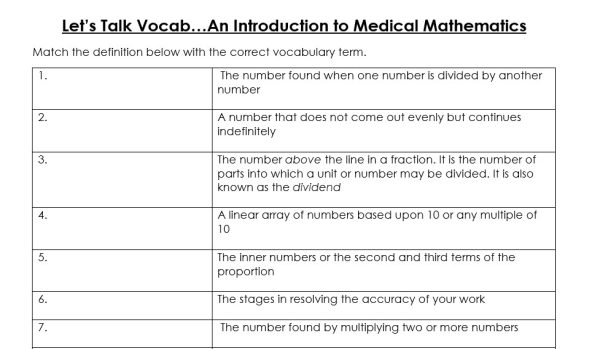 An Introduction to Medical Math Worksheet (Health Sciences/Nursing ...