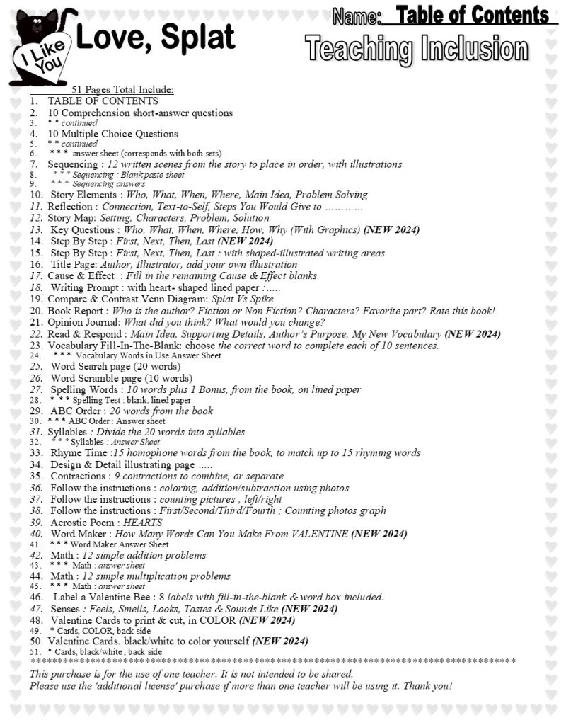 Love, Splat Read Aloud Book Study Companion Reading Comprehension ...