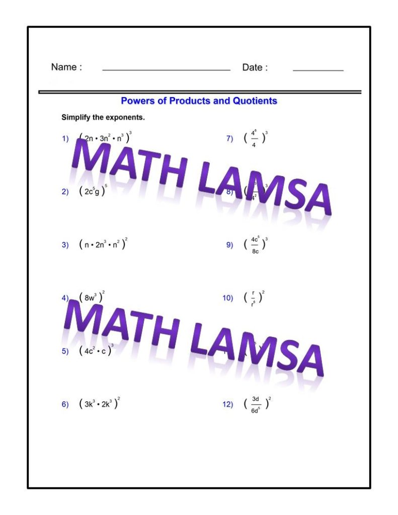 Products and Quotients to a Power - Algebra 1 - Exponents Worksheets ...