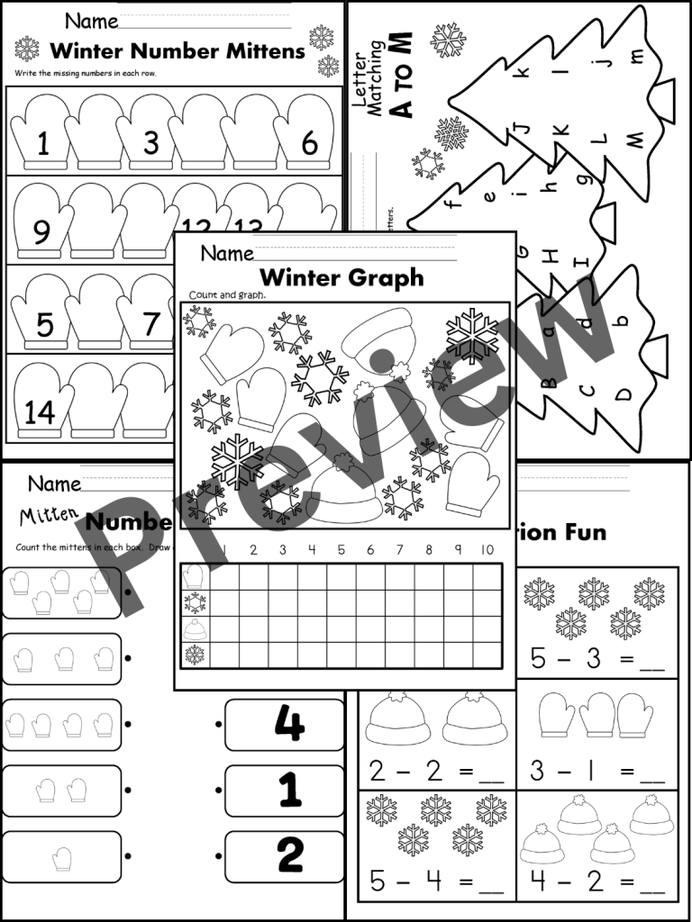 Winter Worksheets Numbers & Letters Trace, Count, Color, Subtraction ...