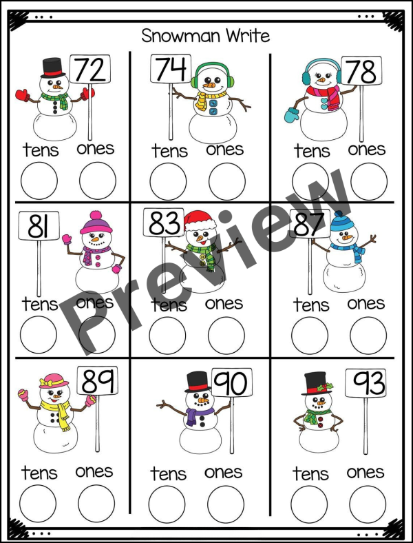 Place Value Snowman Math Worksheets | Winter Activities For Pre K, K ...