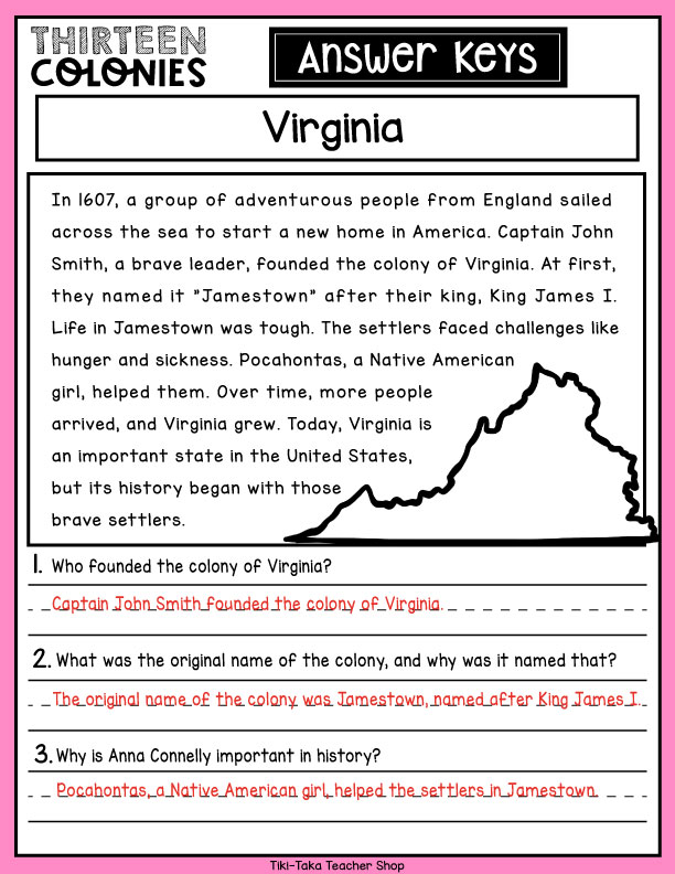 13 Colonies Social Studies Reading Comprehension Passages K-2 + ANSWERS ...