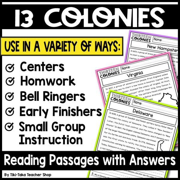 13 Colonies Social Studies Reading Comprehension Passages K-2 + ANSWERS ...