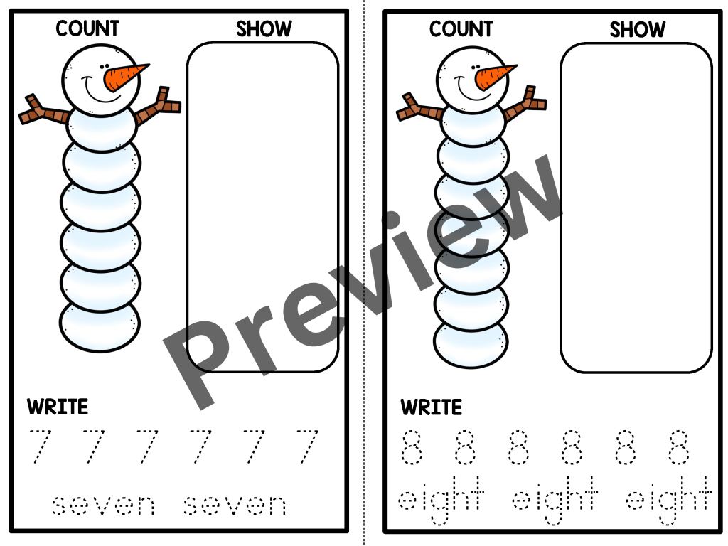 Snowman Counting to 10 Worksheets | Winter Math Activities For Pre K, K ...