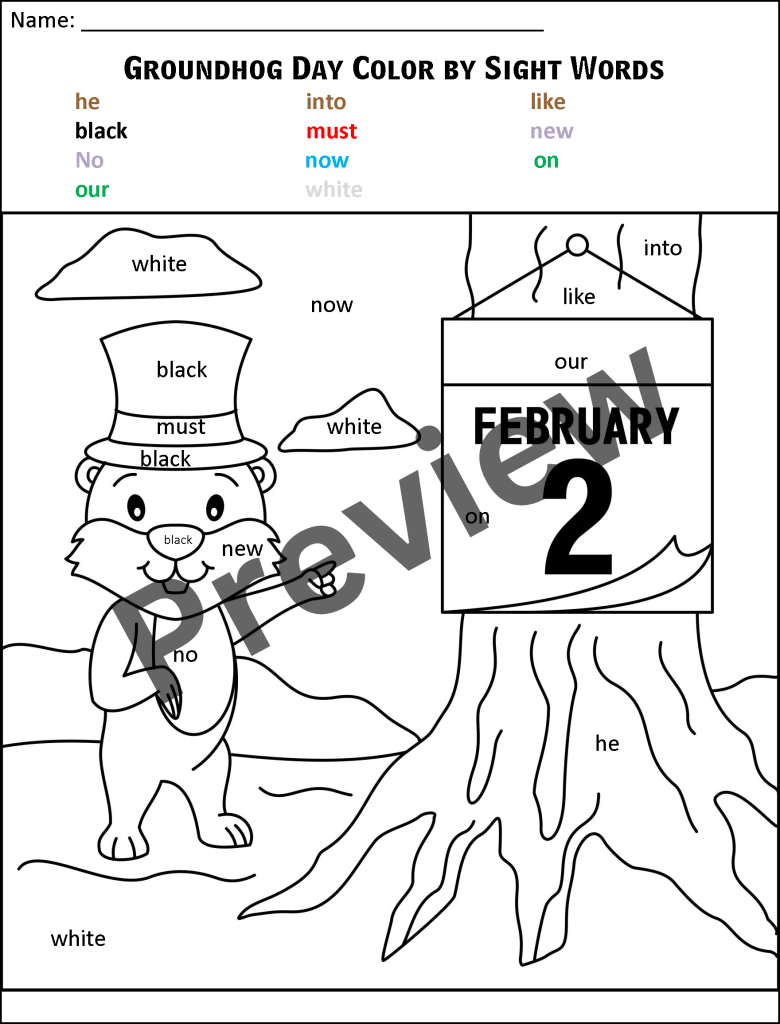 Groundhog Day Color by Sight Word | | No Prep | For Prek, K, 1st and ...