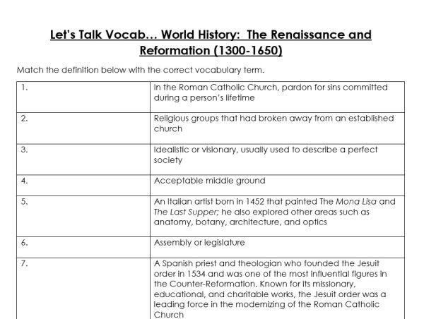 World History: The Renaissance and Reformation (1300-1650) Worksheet ...