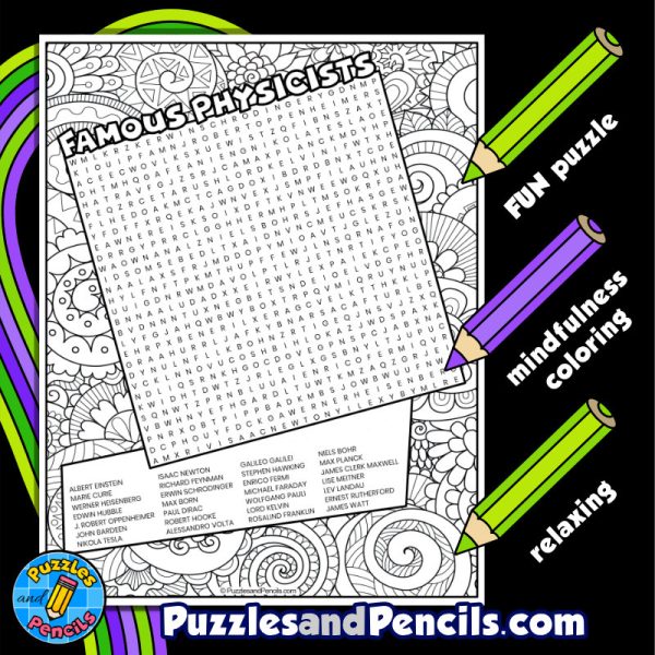 Famous Physicists Word Search Puzzle with Coloring | Physics Wordsearch ...