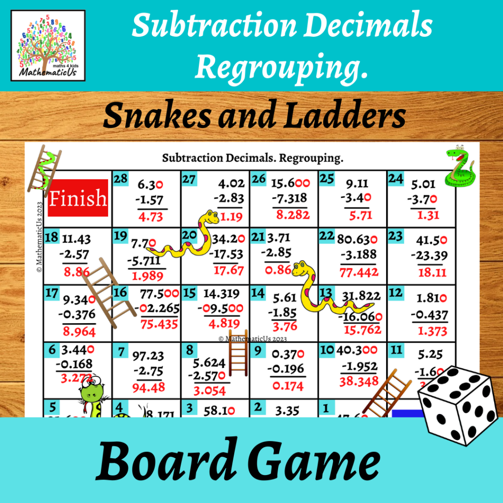 Subtraction Decimals with Regrouping Snakes and Ladders Dice Games ...