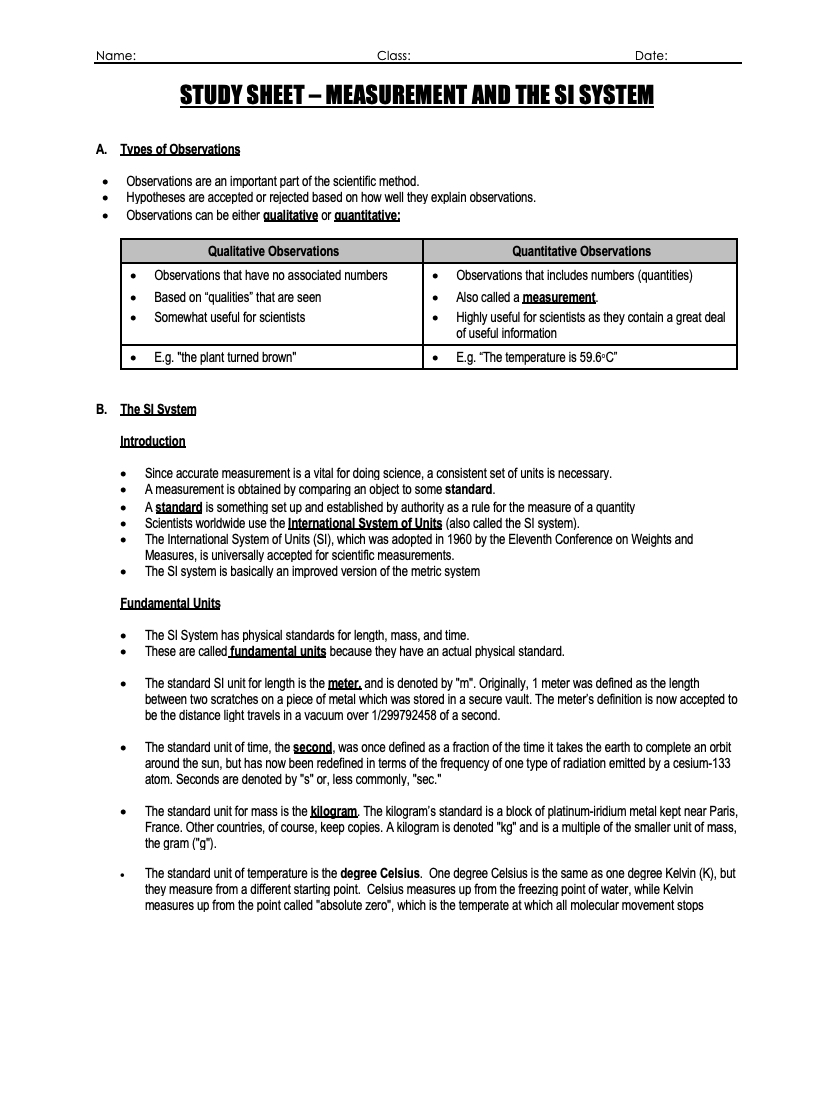 SI or Metric System Unit Conversions and Significant Figures Study ...