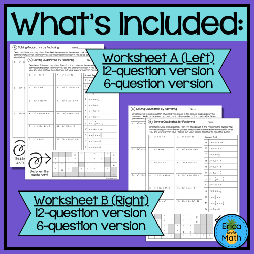 Solving Quadratics by Factoring Differentiated Partner Worksheets ...