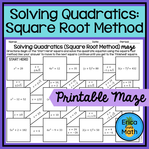 Solving Quadratic Equations by Square Root Method Activity Maze - Made ...